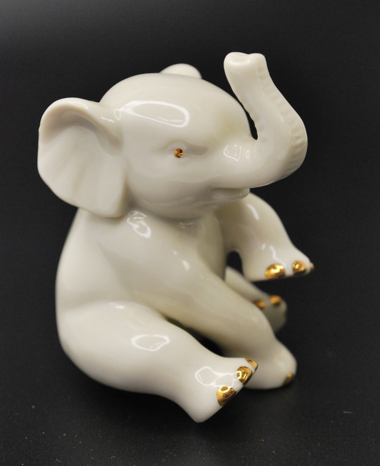 3 Lenox Figurines 4" Dolphin 2.5" Elephant 2.5" Swan Ivory 24K Gold ...