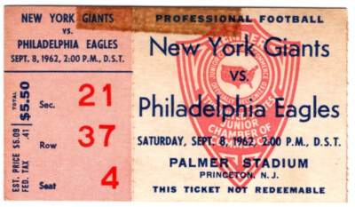 1962 NEW YORK GIANTS vs PHILADELPHIA EAGLES ticket stub 9/8/62 | eBay
