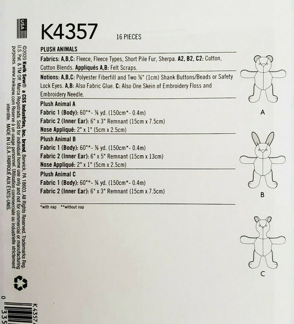 Kwik Sew K4357 Plush Animals Llama Teddy Bear Bunny Rabbit Sewing ...
