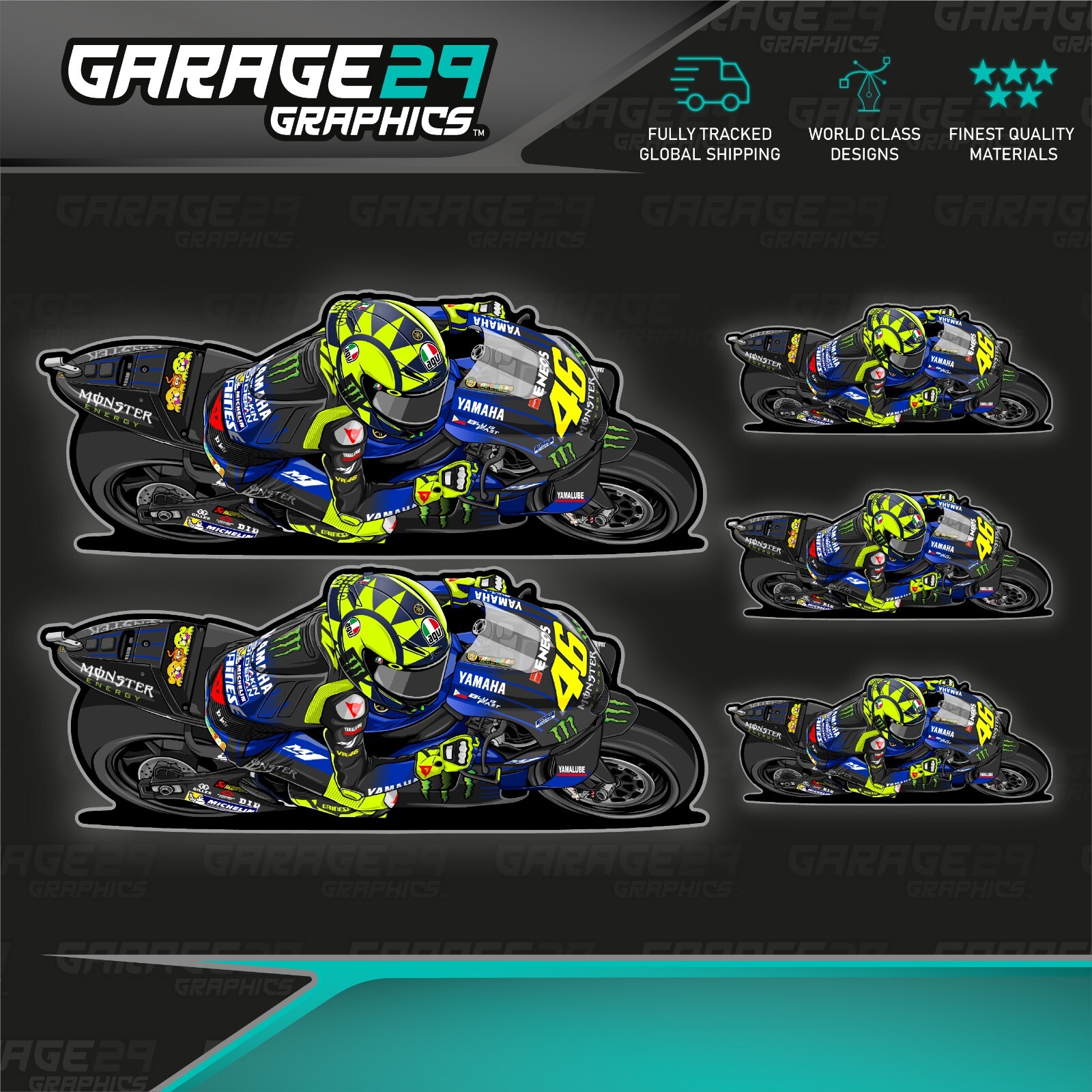 ROSSI V1 MOTO GP STICKER SET - 2 X 250MM + 3 X 100MM STICKERS | eBay