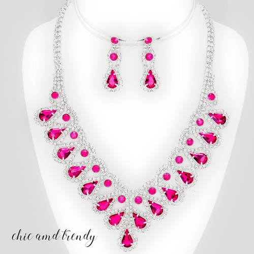 STATEMENT PINK & CLEAR CHUNKY CRYSTAL PROM WEDDING FORMAL NECKLACE ...