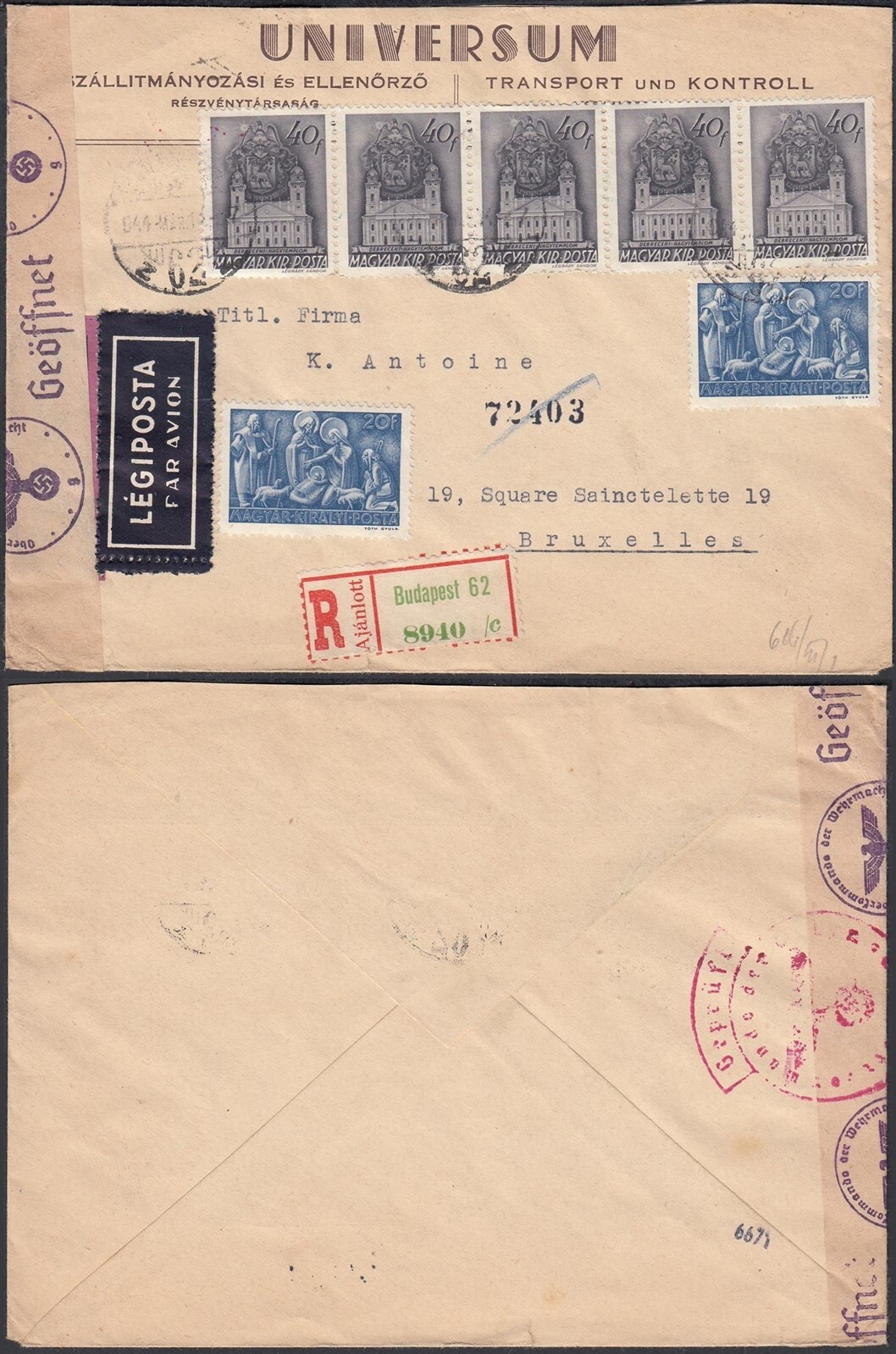 Hungary 1943 - Registered Airmail Cover to Belgium. Censored.... (EB ...