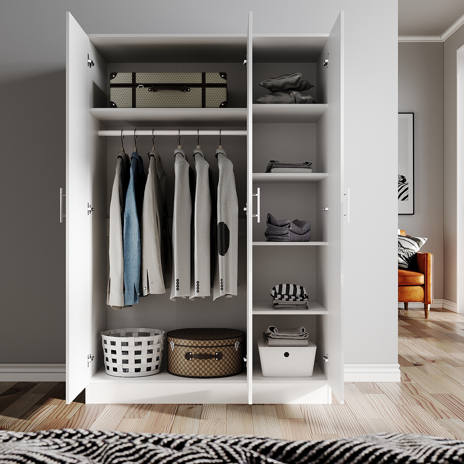 3 Door Triple Wardrobe White Gloss with Hanging Rail & Shelves Bedroom ...