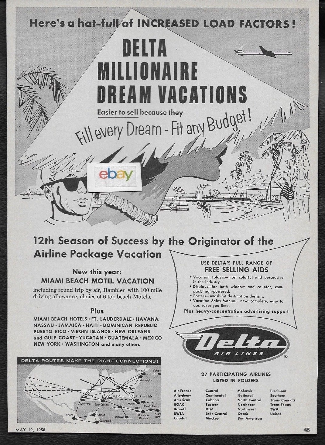 DELTA AIR LINES 1958 MILLIONAIRE DREAM MIAMI BEACH VACATION 12TH YEAR ...