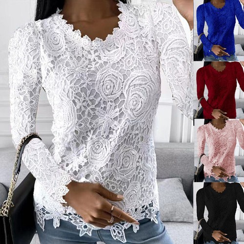 Womens Lace O-Neck Shirts Tops Ladies Long Sleeves T-Shirt Blouse Plus ...