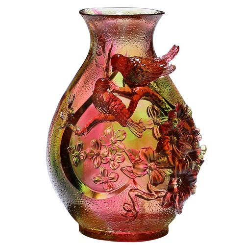 5''Chinese Liu Li Crystal Bird on Plum Blossom Vase Love Marrage Feng ...