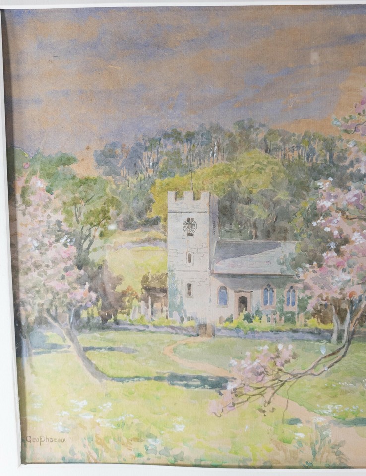 Antique English Watercolor on Paper Magnolia and Church by George ...