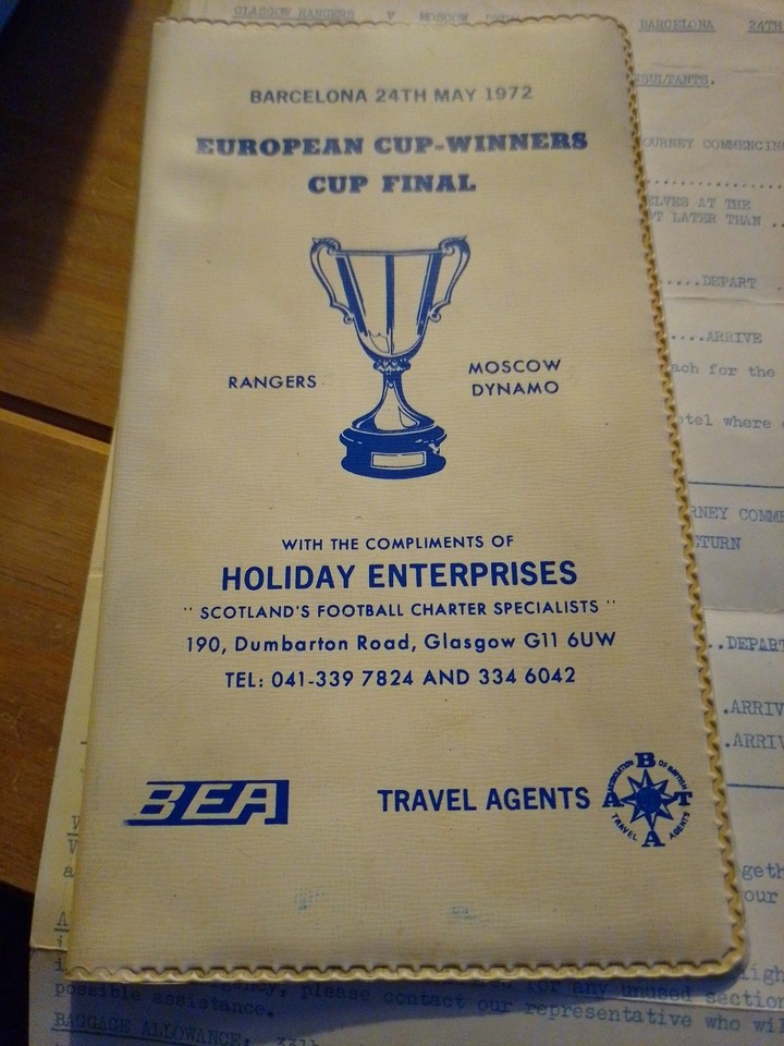 1972 European CWC Final - Rangers v Dynamo Moscow Travel Pack John ...