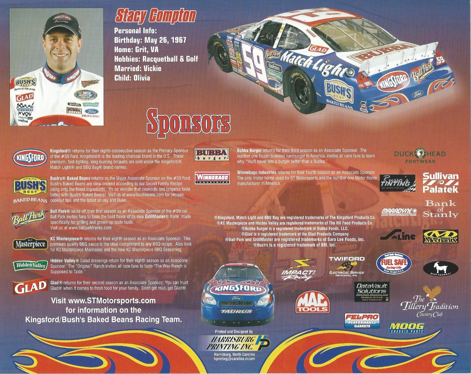 2005 STACY COMPTON #59 KINGSFORD NASCAR POSTCARD SIGNED | eBay