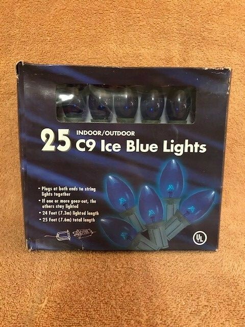 25 CT STRING OF C9 ICE BLUE CHRISTMAS LIGHTS INCANDESCENT OLD FASHIONED ...