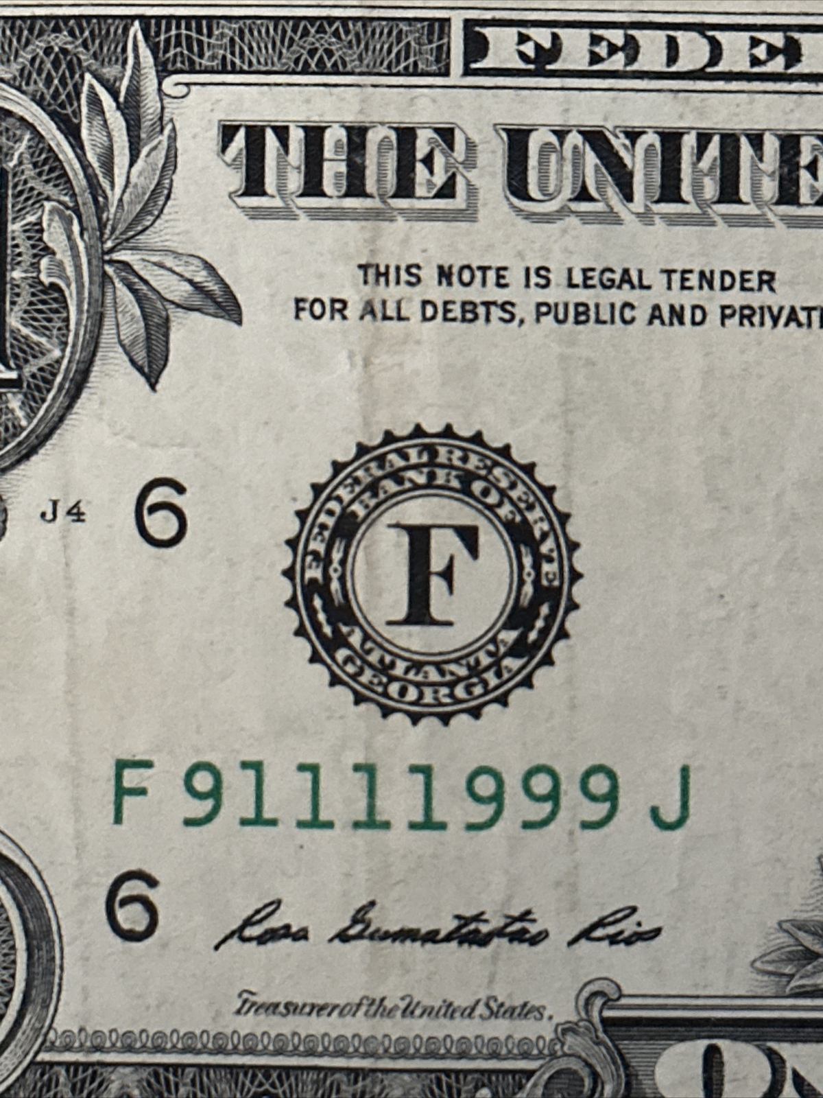 UNIQUE QUADs of 9111 & 1999 in $1 Dollar Bill, SERIAL NUMBER - F 9111 ...