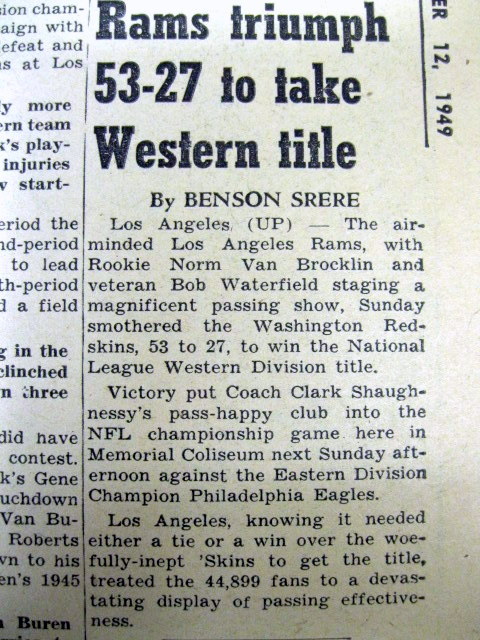1949 headline newspaper LOS ANGELES RAMS WINgo to NFL football ...