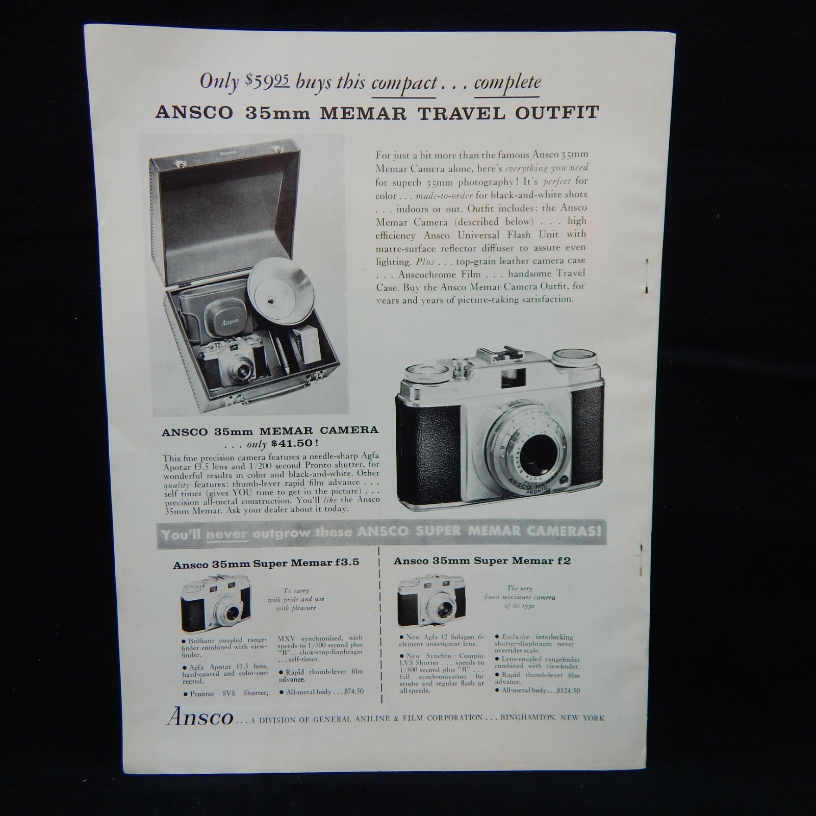 ANSCO 35mm MEMAR TRAVEL OUTFIT 1957 MAGAZINE ADVERTISEMENT PHOTOGRAPHY ...