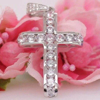2Ct Round Cut Lab Created Diamond Cross Pendant Necklace 14K White Gold ...