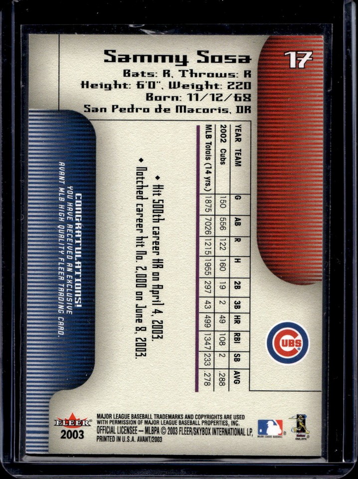 2003 Fleer Avant Sammy Sosa RARE MINT #17 - Chicago Cubs | eBay