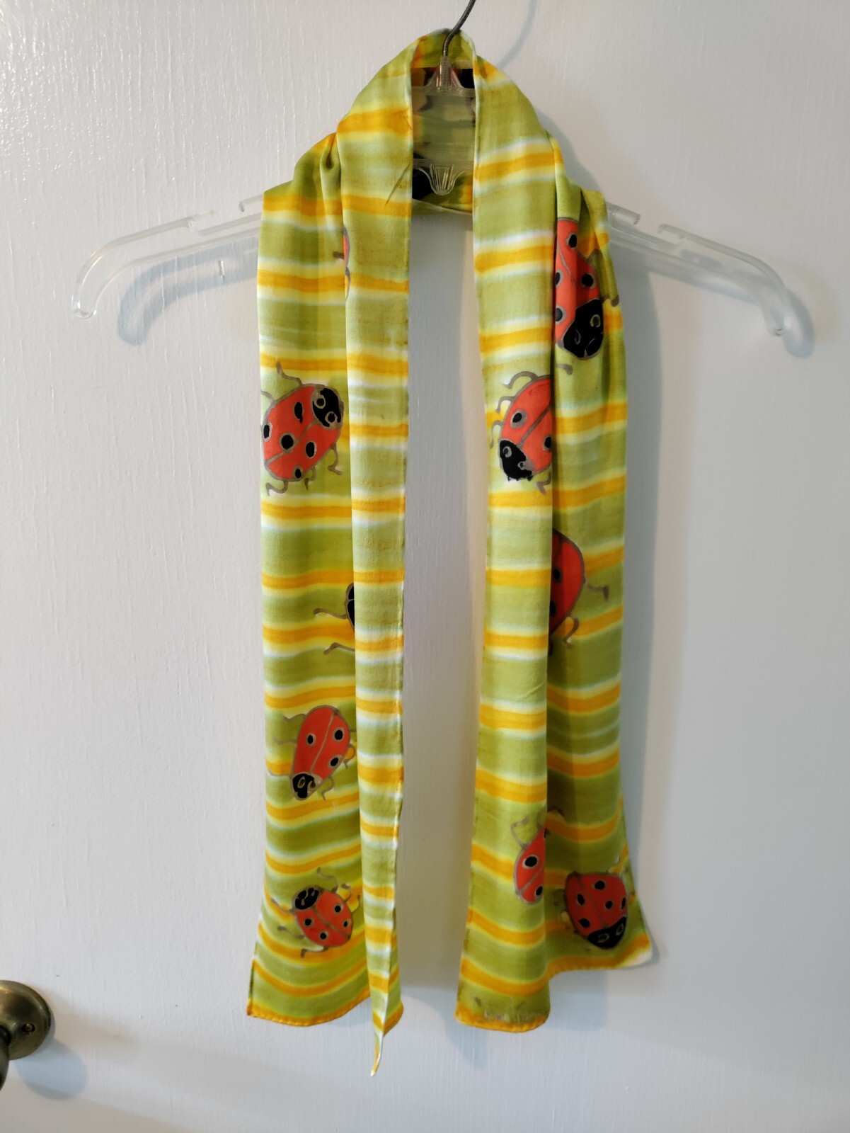 Signed Cameleon Silk Scarf, Tie. Green Stripe w/ Ladybugs. Rolled hem ...