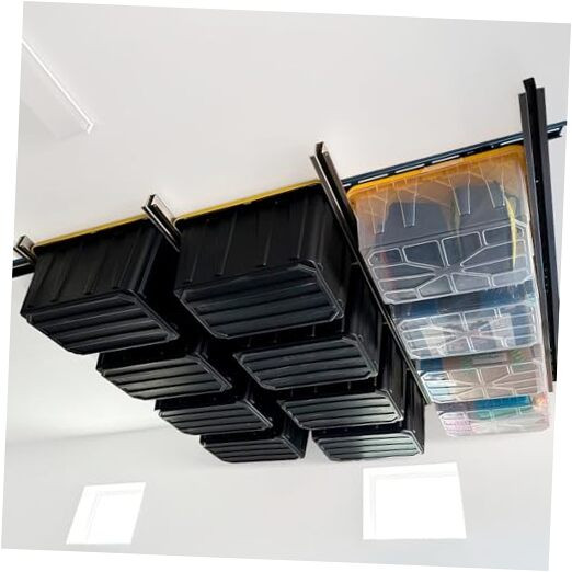 GARAGE STORAGE TOTE SLIDE RACK Overhead Tote Storage Rail System ...