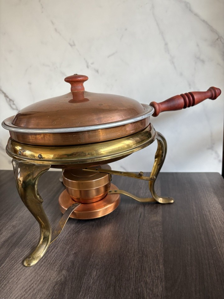 Vintage Copper & Brass Chafing Dish with Pan, Domed Lid Stand Sterno ...