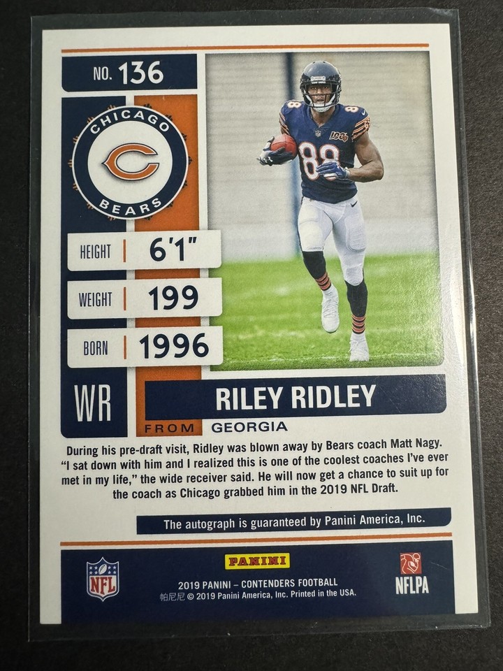 2019 Panini Contenders Riley Ridley Rookie Ticket Auto Red #136 Chicago ...