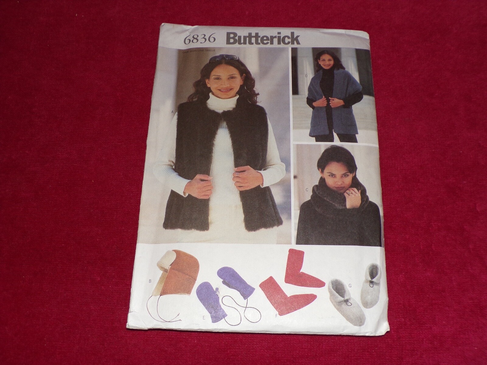 🌼 BUTTERICK #6836-LADIES VEST-HAT-COLLAR-WRAP-MITTENS-SOCK & SLIPPER ...