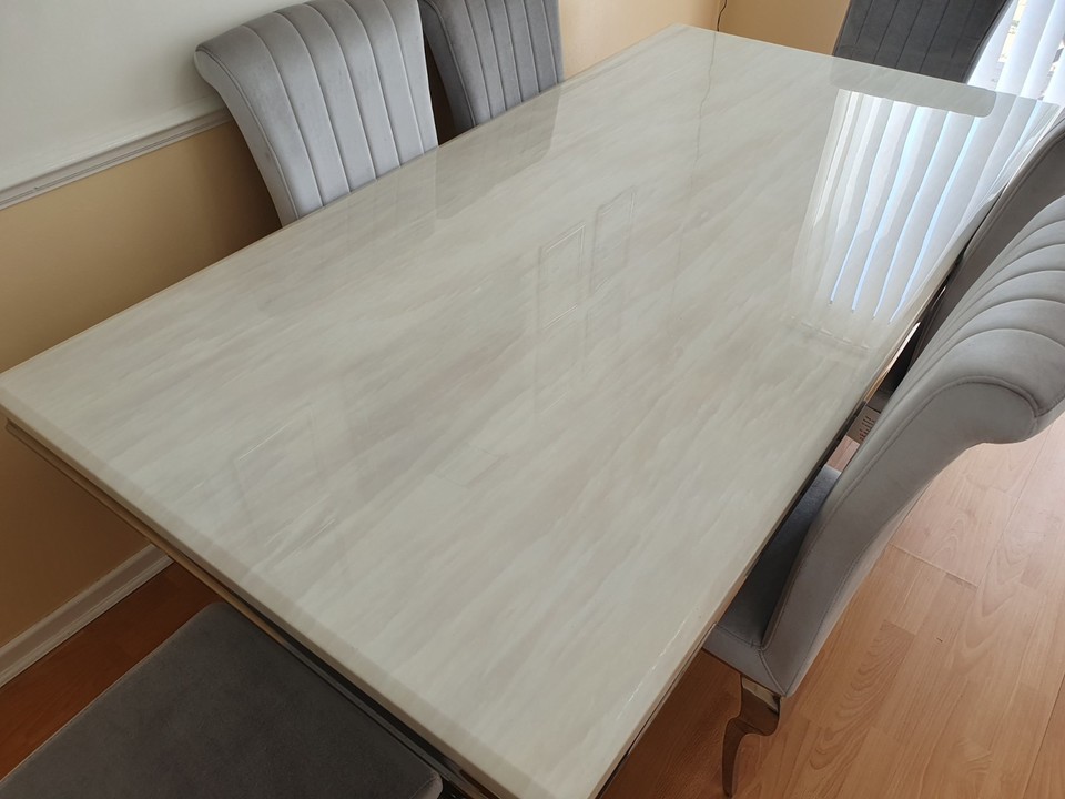 Ariana White Marble Dining Table + 6 velvet chairs little used perfect ...