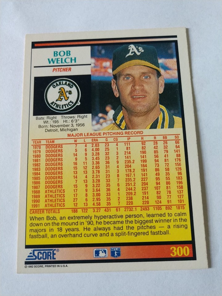 1992 Sore BOB WELCH Baseball Card #300. OAKLAND ATHLETICS. | eBay