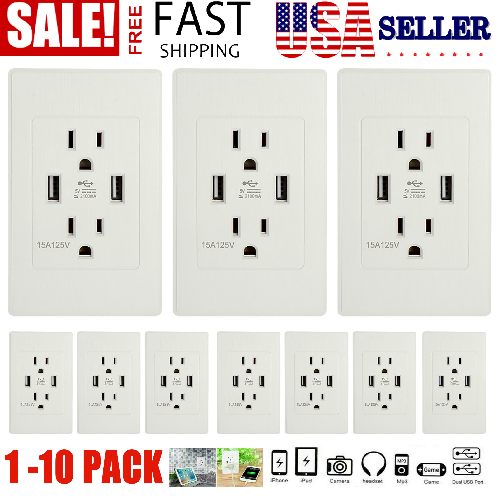 1-10PCS Dual USB Wall Outlet Charger Port Socket With 15A Electrical ...