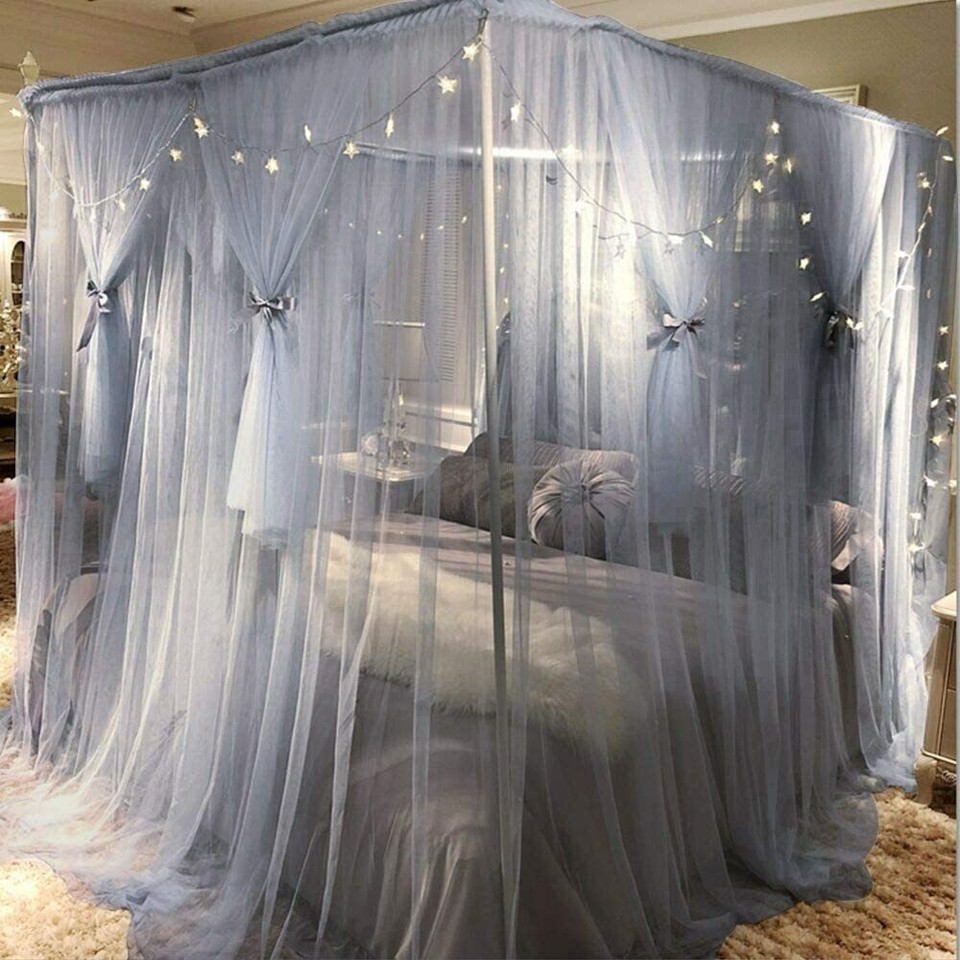 Gray Blue Royal Glam 4 Post Bed Canopy Netting Curtains Sheer Panel ANY ...