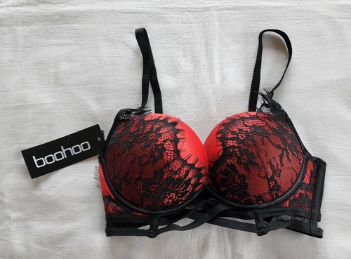 Boohoo Ladies Red Black Satin Cutout Strapping Triple Boost Push Up Bra ...
