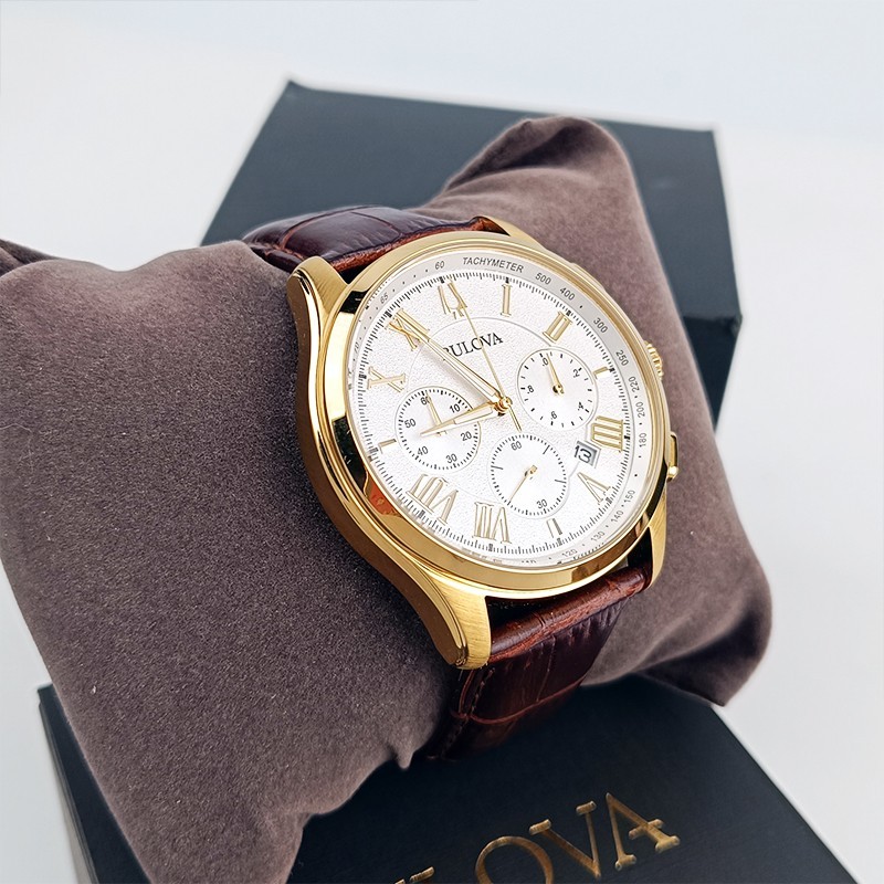 Bulova Men Wilton White White Dial Brown Leather 97B169 Chronograph ...