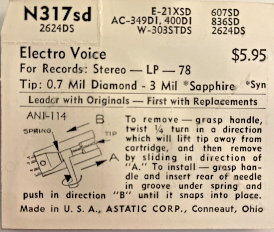 Astatic N317-sd Diamond Needle Electro Voice .7 Mil 3 Mil Sapphire ...
