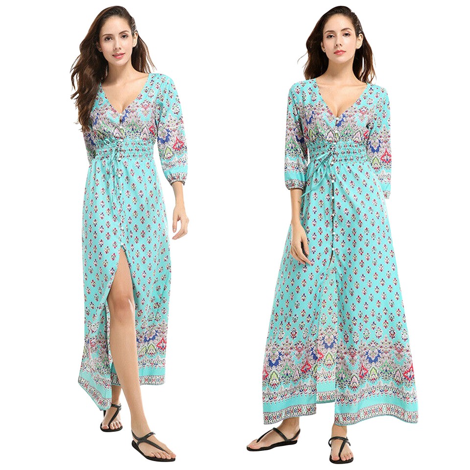 Women Lady Boho Kimono Sleeve Floral Long Maxi Summer Beach Dress ...