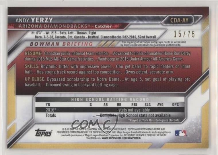 2016 Bowman Draft Chrome Pick Black Refractor 15/75 Andy Yerzy #CDA-AY ...