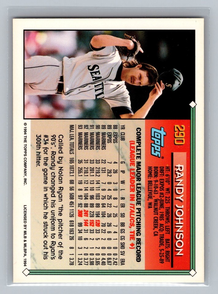 Randy Johnson 1994 Topps #290 Gold Seattle Mariners Baseball Card C9 | eBay