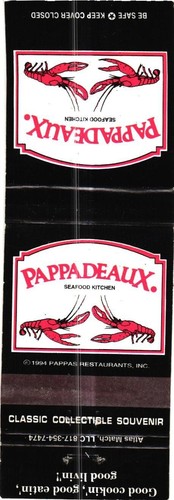 Pappadeaux, Seafood Kitchen, Lobster Logo, Restaurant Vintage Matchbook ...