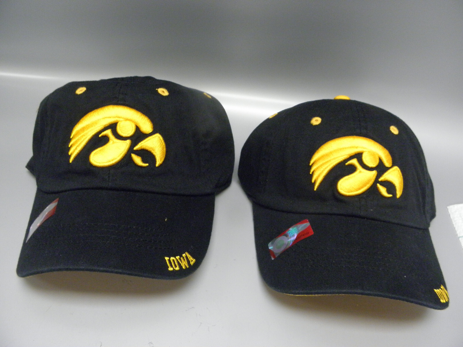 TWO IOWA HAWKEYES CAPS HATS ONE SIZE EMBROIDERED LOGO 100% COTTON NEW w ...