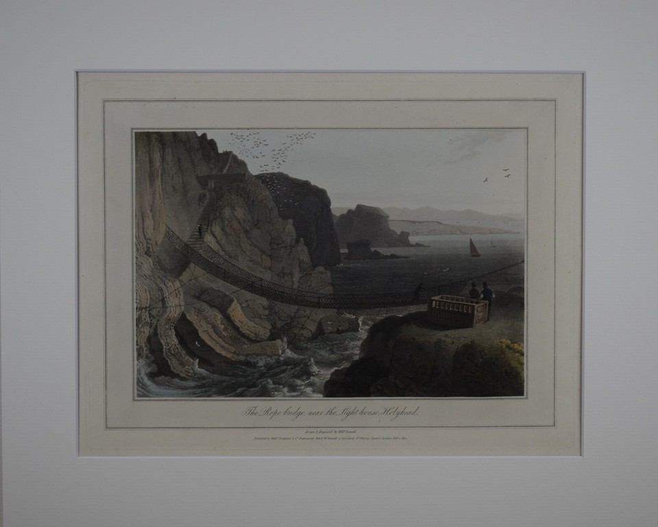 Rope bridge near the Lighthouse, Holyhead. Aquatint by William Daniell ...