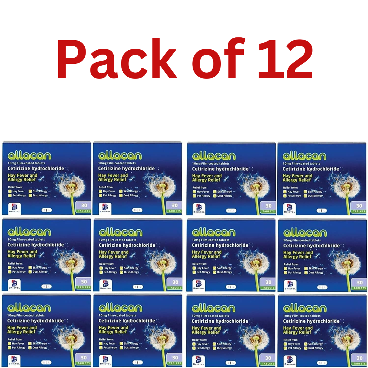 Allacan Cetirizine Hydrochloride Hayfever Allergy Tablets 30 Tablets x ...