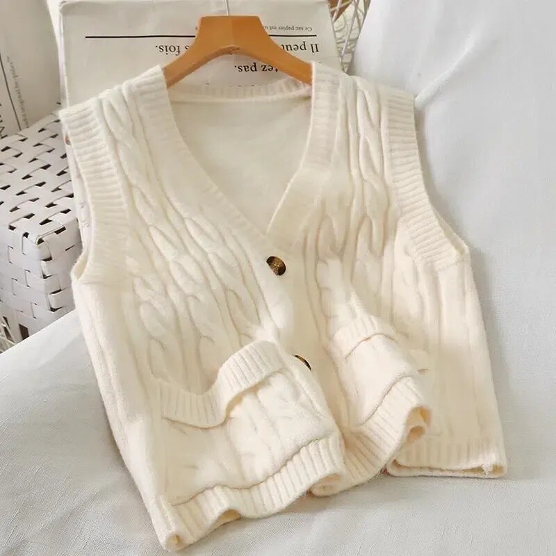 Women V-neck Jacquard Knitted Cardigan Pocket Gilet Tank Retro Student ...