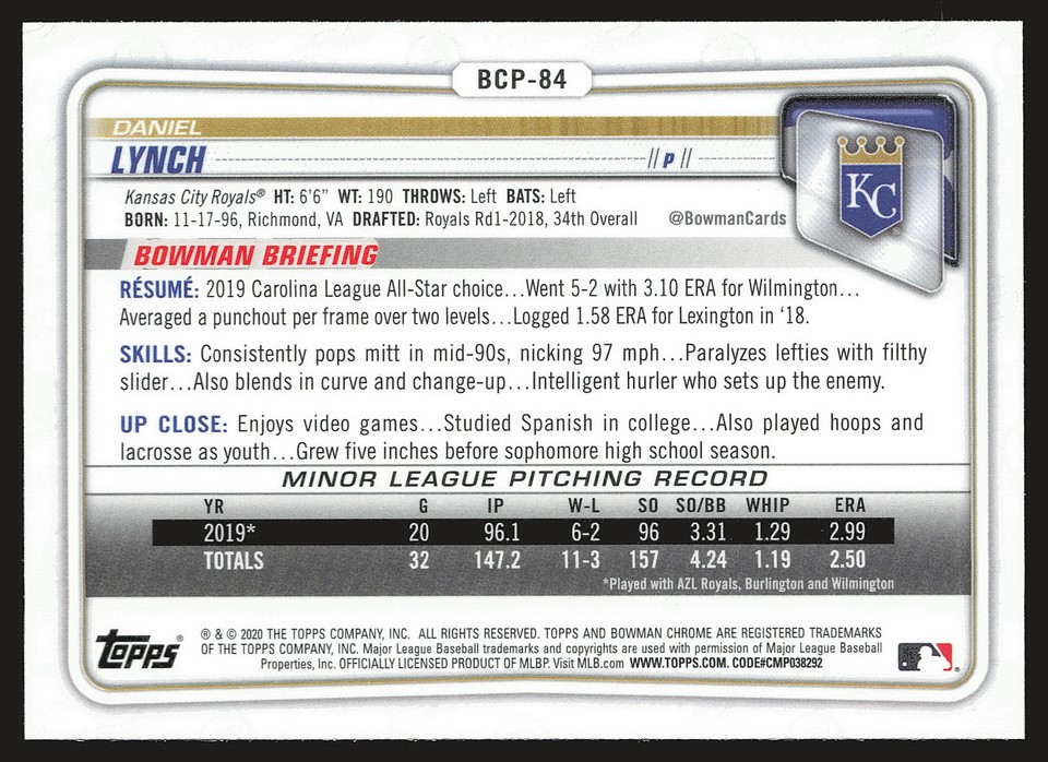 2020 Bowman #BCP-84 Daniel Lynch Chrome Prospects | eBay