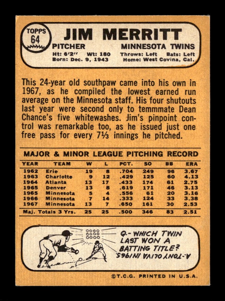 1968 Topps #64 Jim Merritt Minnesota Twins EX+ Baseball Card *B416 | eBay