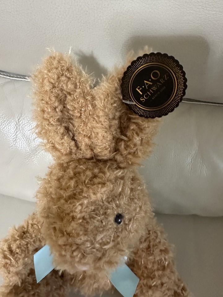 FAO Schwarz Fuzzy Brown Bunny Rabbit Blue Bow 13” Plush Toy Easter ...