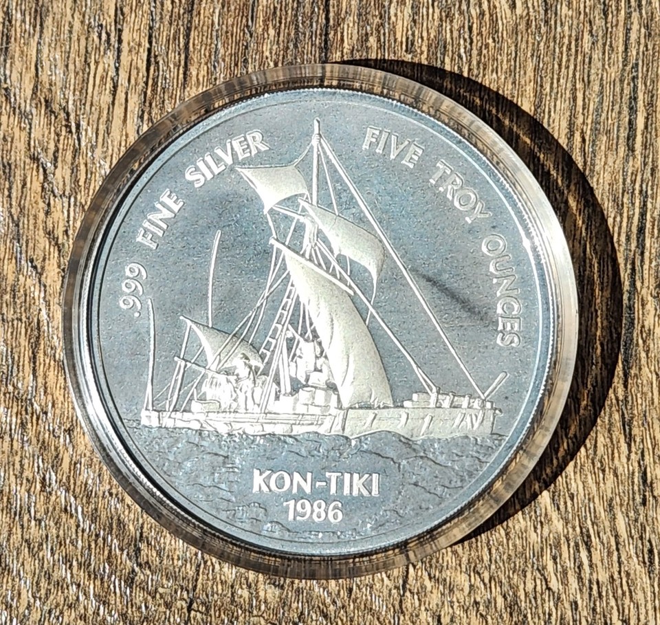 1986 Samoa $25 Kon-Tiki 5 oz .999 Fine Silver Proof Coin in original ...