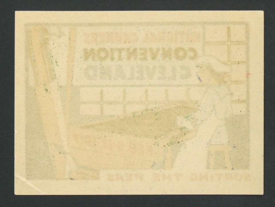 POSTER STAMP NATIONAL CANNERS CONVENTION CLEVELAND "SORTING THE PEAS ...