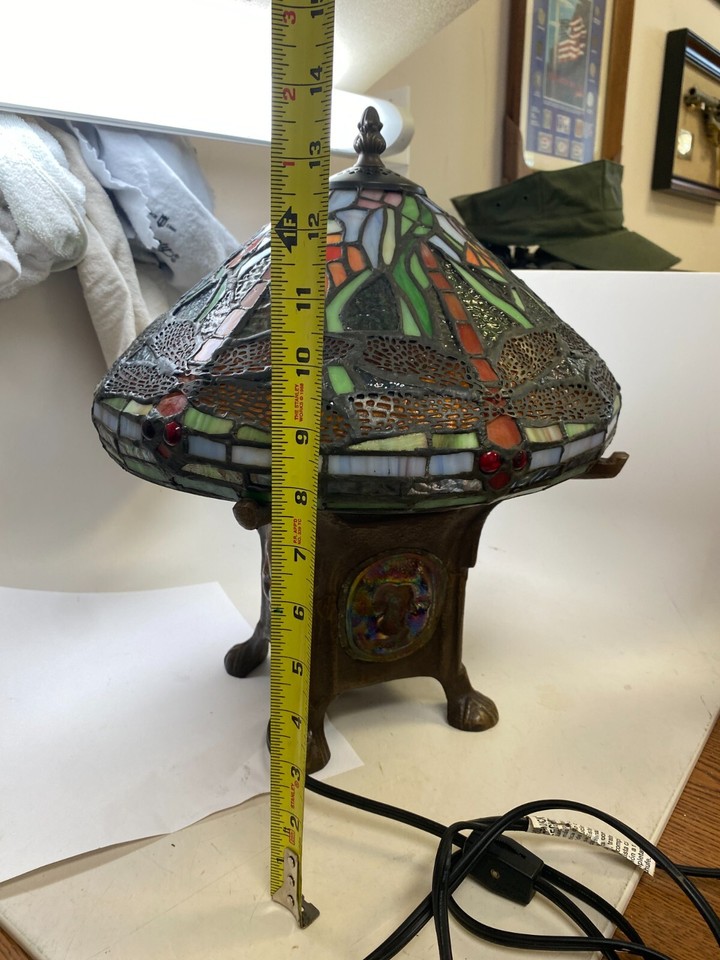 VINTAGE-Stained Glasses Dragon Fly Shade Turtle Back Lamp Rare 15x12 ...