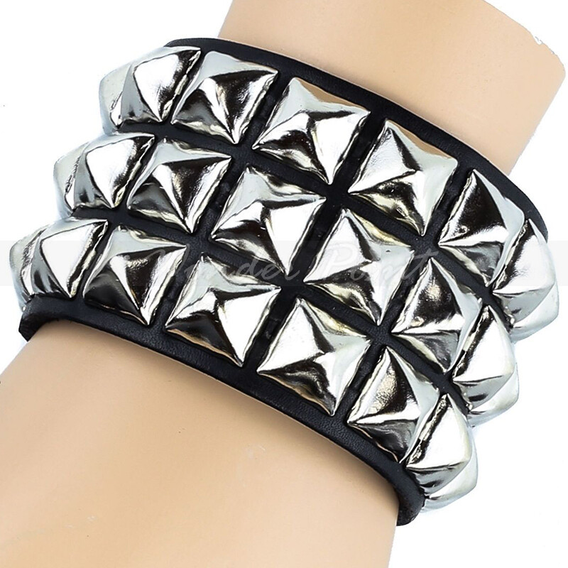 Pyramid Studded 3 Row Punk Bracelet Wrist Cuff Real Cowhide Leather | eBay