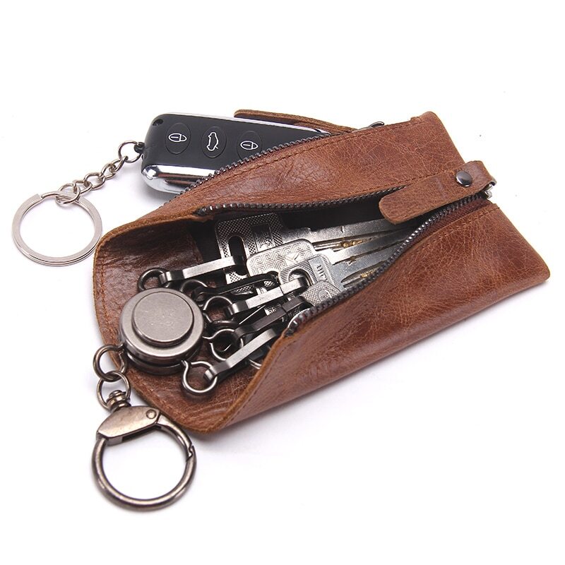Genuine Leather Car Key Wallet Men Holder Zipper Case Housekeeper Keys ...