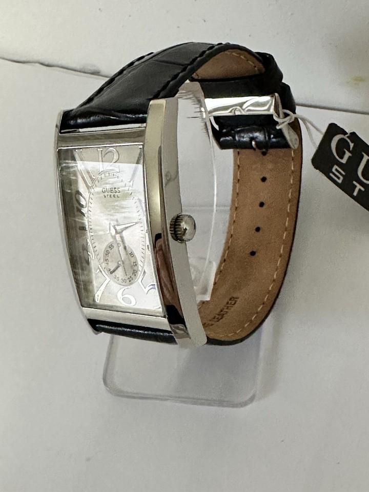 Guess Steel Tank Watch Men G85930G 28mm Silver Tone Black Leather | eBay