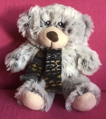 Funtastic Mottled Grey Teddy Bear With Scarf & Sewn Features Soft Plush ...