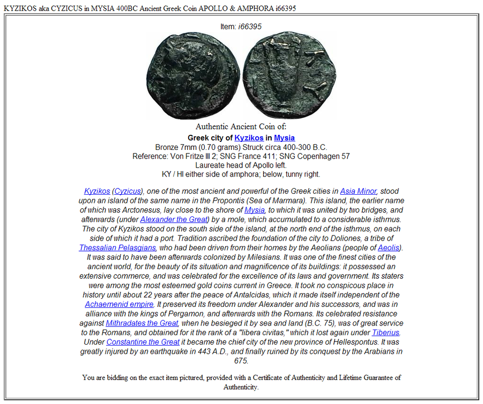 KYZIKOS aka CYZICUS in MYSIA 400BC Ancient Greek Coin APOLLO & AMPHORA ...